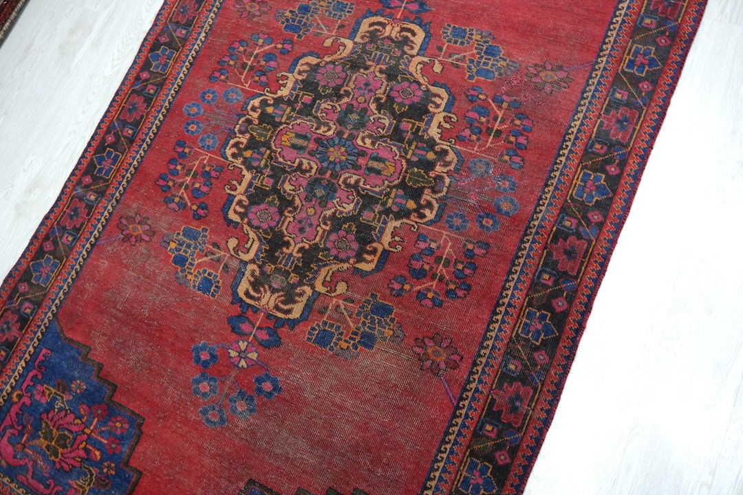 4x7 Berry Red Blue Black Vintage Oriental Rug - Handwoven Persian Style ...