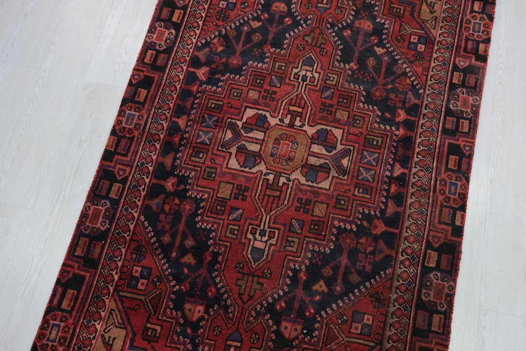 3x7 Ruby Red Navy Blue Vintage Oriental Rug Handwoven Tribal Runner Rug ...