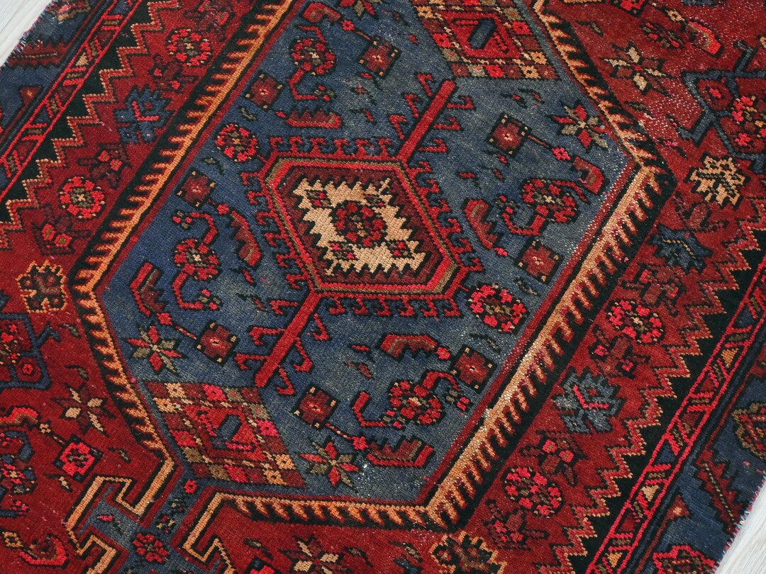 Handmade Vintage Oriental Rug 3x6 Ft - Plum Red French Blue Low Pile ...