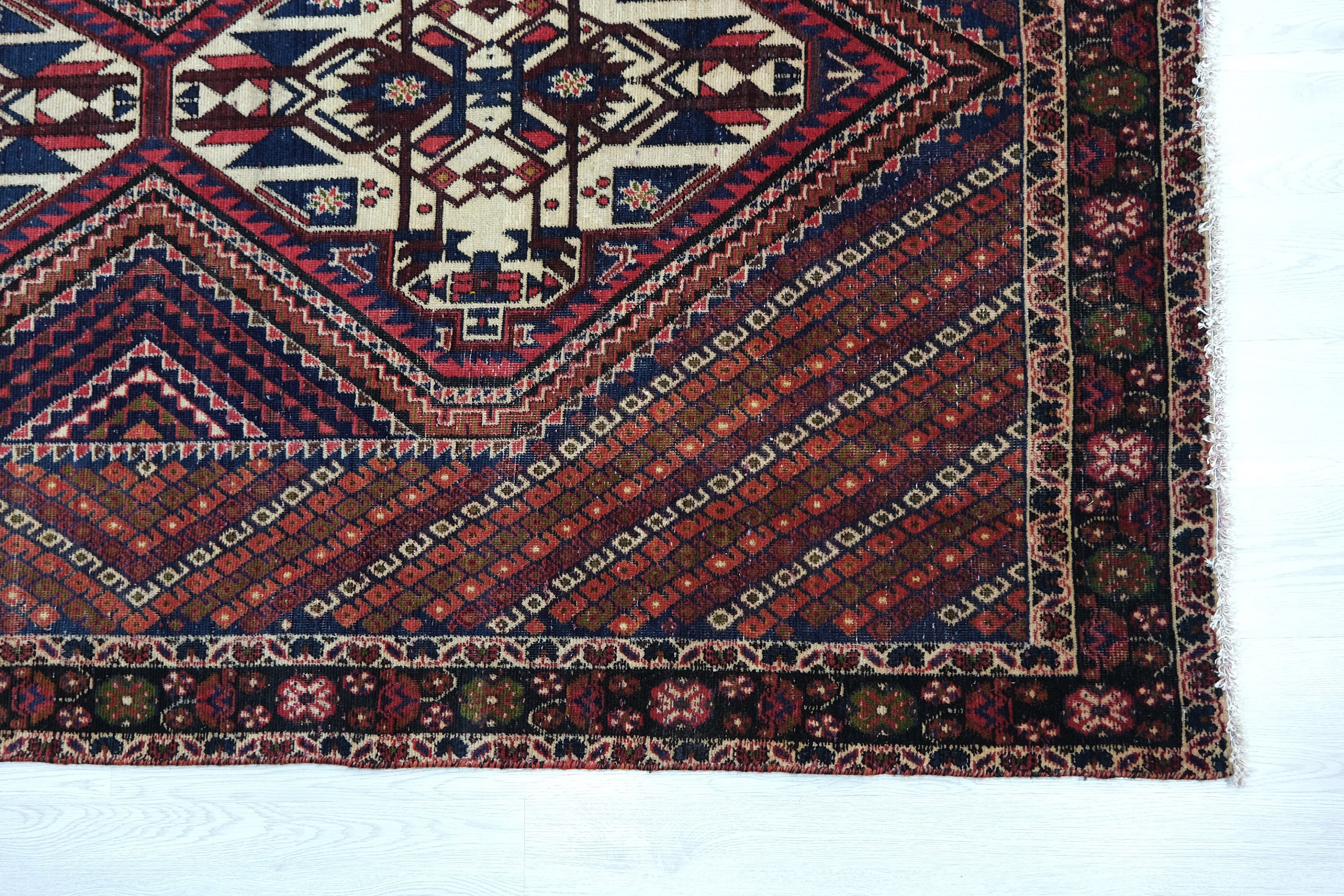 4x7 Red Blue Brown Ivory Anatolian Tribal Geometric Rug - Handwoven ...