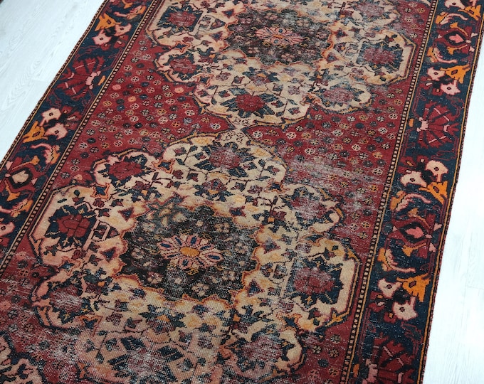 4x9 Faded Red Black Pink Vintage Oriental Rug Handmade Distressed ...