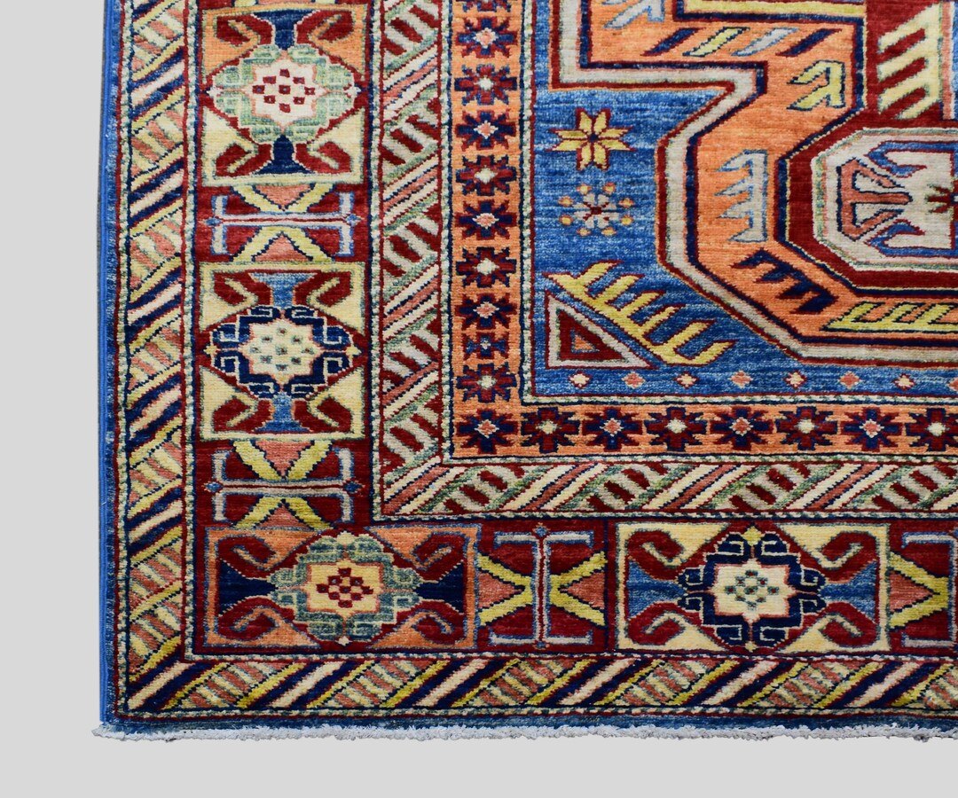 5x7 Persimmon Sky Blue Handwoven Afghan Kazak Area Rug Afghan Veg Dyed ...