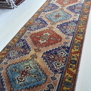 2x13 Blue Yellow Tan Calico Vintage Runner Rug - Hand Woven Wool Veg ...