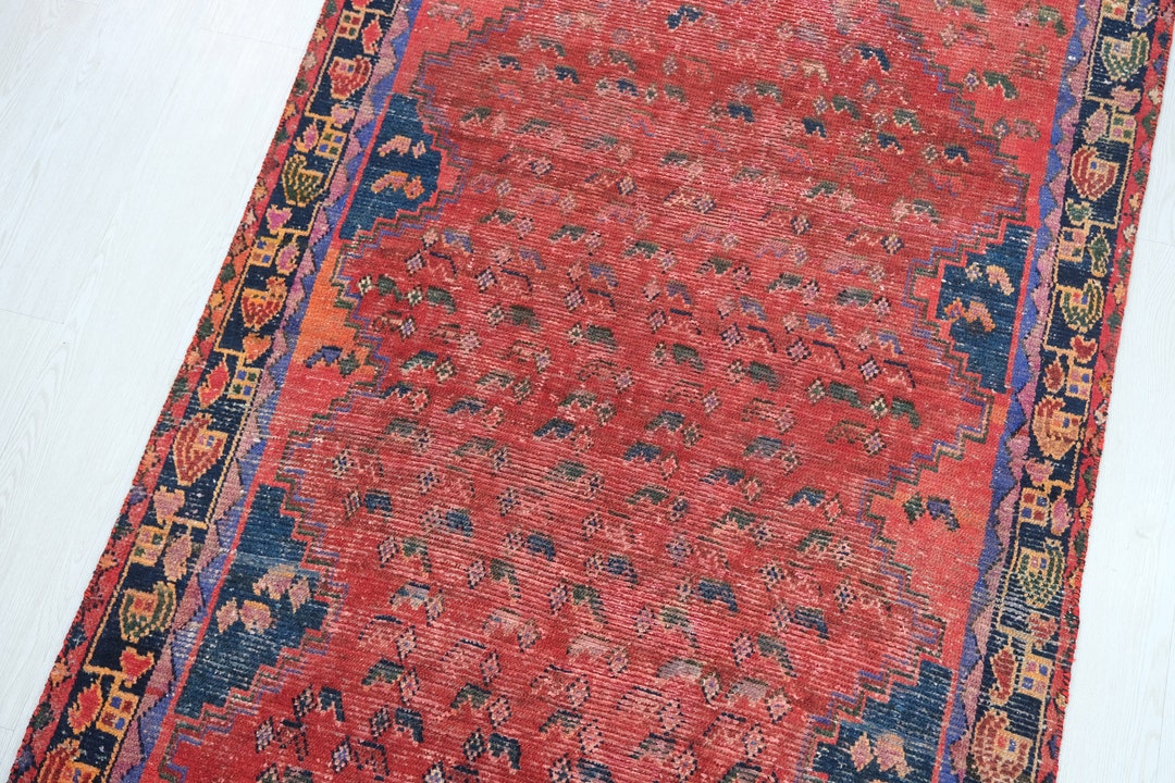 3x6 Brick Red Blue Vintage Oriental Rug Handwoven Tribal Accent Rug ...