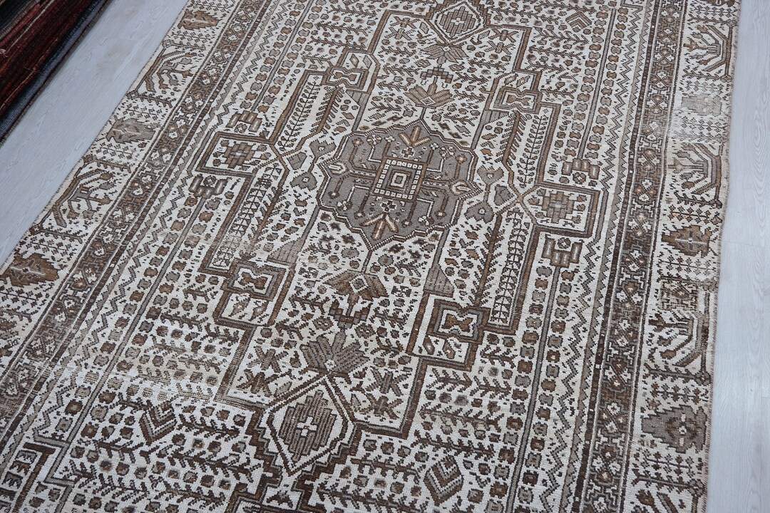 6x12 Coffee Brown Cream Vintage Oriental Rug - Hand-knotted Tribal Area ...