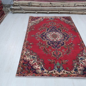 5x8 Berry Red Indigo Vintage Oriental Rug Handwoven Floral Area Rug ...