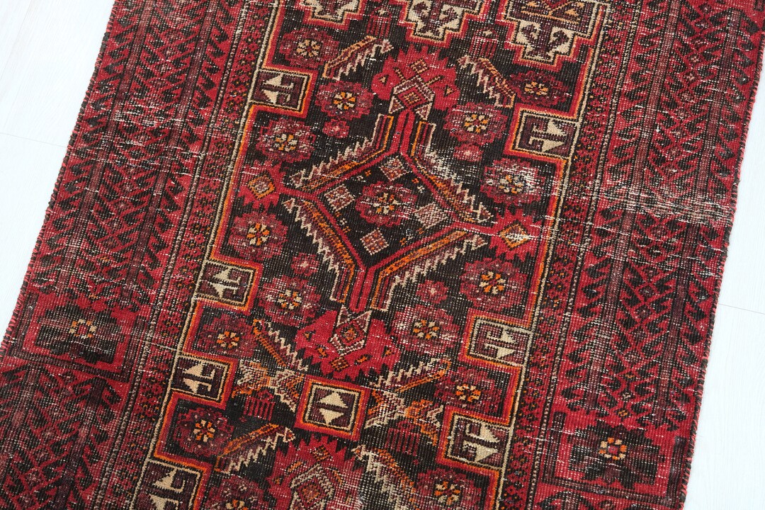 3x5 Brick Red Black Vintage Oriental Rug Handwoven Tribal Accent Rug ...