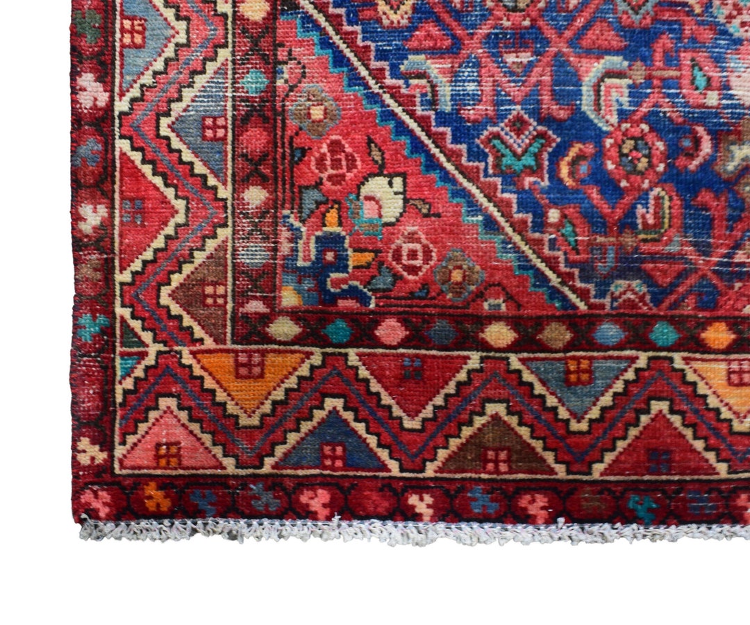 5x10 Blue Field Geometric Vintage Hand-knotted Rug, Rug for Kitchen ...