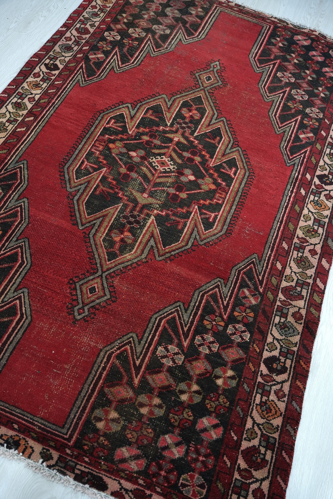 4x6 Red Black Ivory Vintage Geometric Small Area Rug - Hand-knotted ...