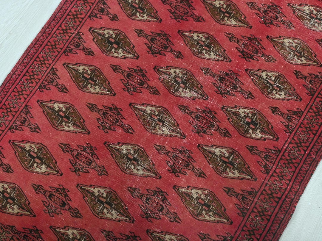 3x5 Ft Vintage Turkmen Rug - Ruby Red Handmade Organic Low Pile Wool ...