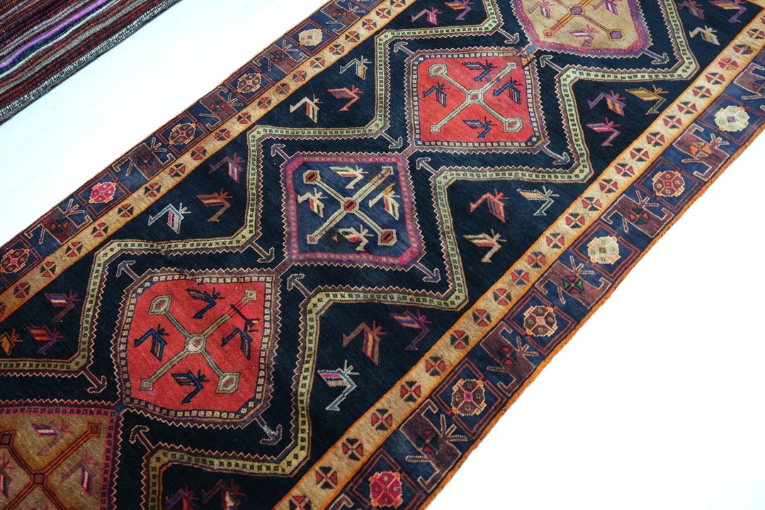 4x10 Indigo and Honeycomb Vintage Runner Rug - Oriental Hand Knotted ...