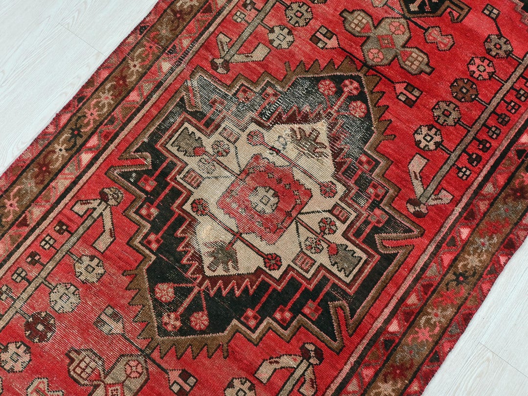 Handmade Vintage Oriental Rug 3x6 Ft - Scarlet Red Distressed Organic ...