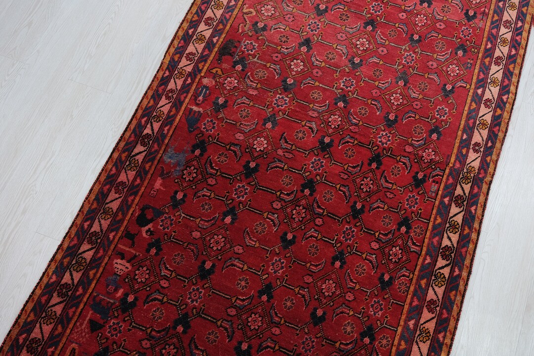 4x9 Ruby Red Black Pictorial Vintage Oriental Rug - Handwoven Floral ...