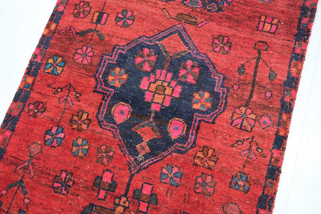 3x6 Red Navy Blue Vintage Oriental Rug - Handwoven Tribal Accent Rug ...