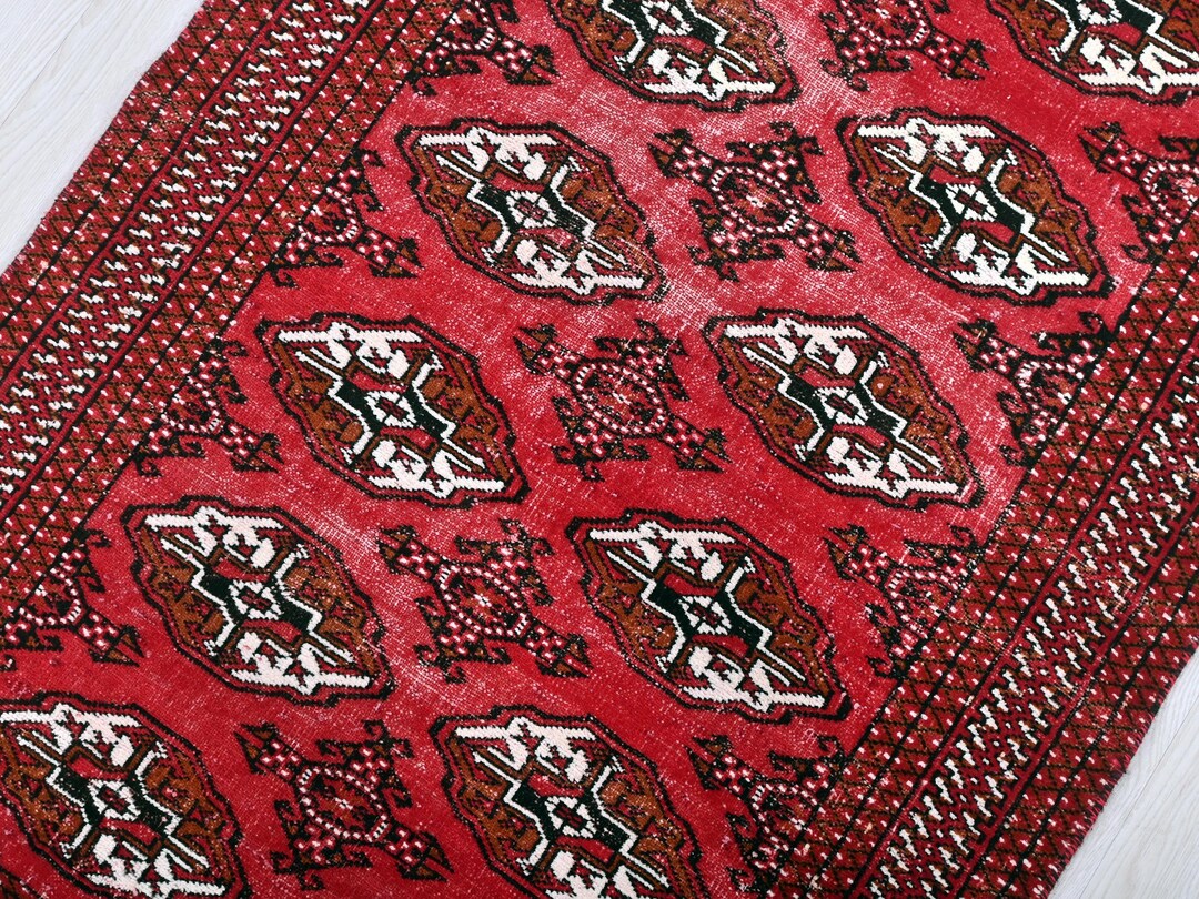 3x5 Ft Vintage Turkmen Rug - Red Beige Hand-knotted Organic Low Pile ...