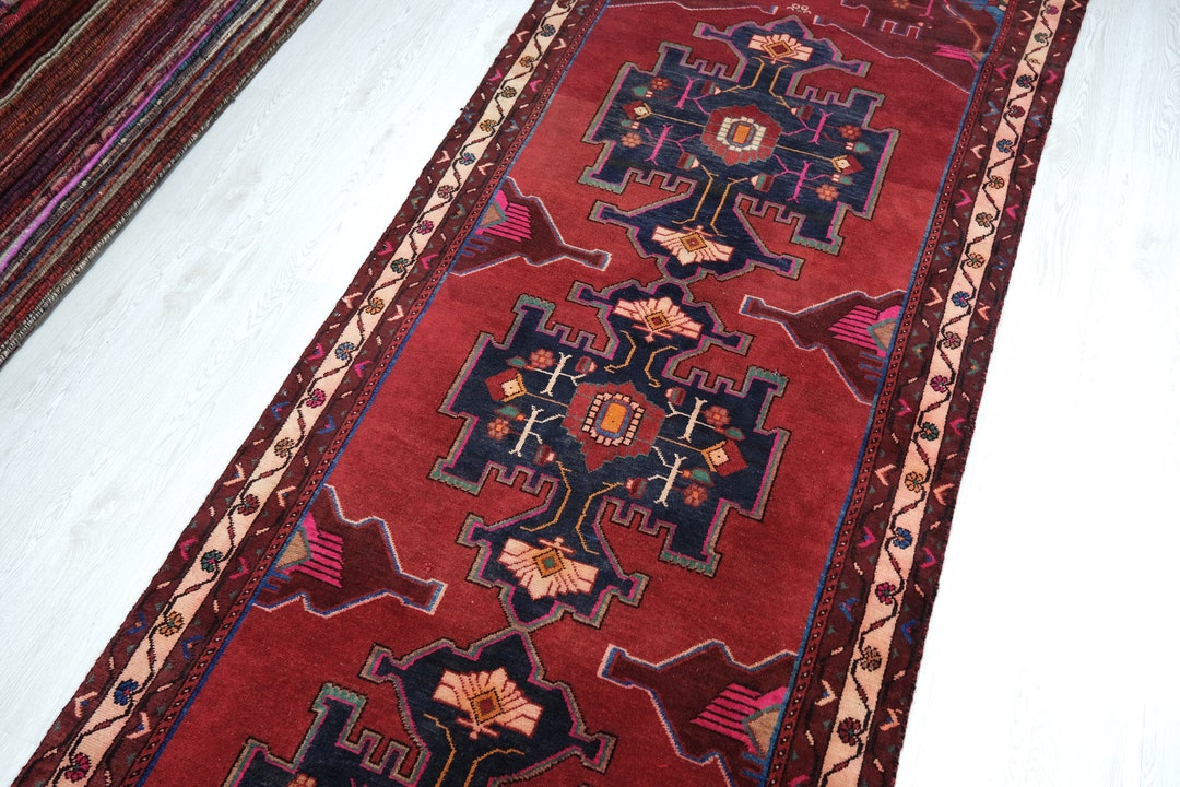 4x10 Ruby Red Navy Blue Vintage Runner Rug - Oriental Handwoven Tribal ...