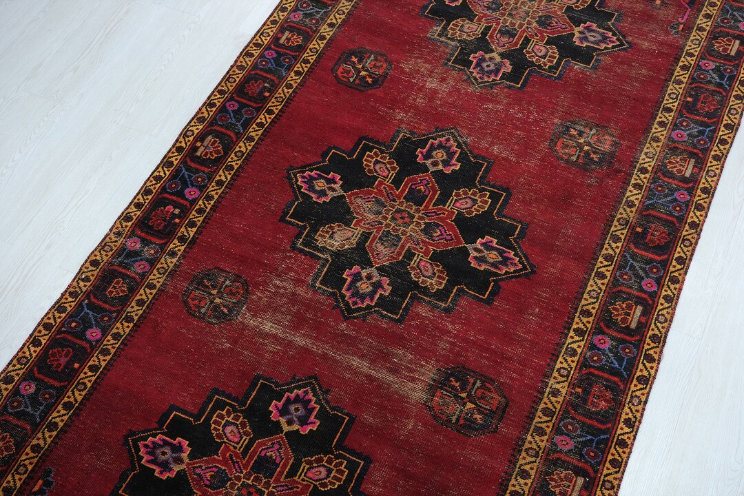 4x9 Red Black Gold Vintage Oriental Rug - Handwoven Floral Area Rug ...