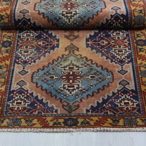 2x13 Blue Yellow Tan Calico Vintage Runner Rug - Hand Woven Wool Veg ...