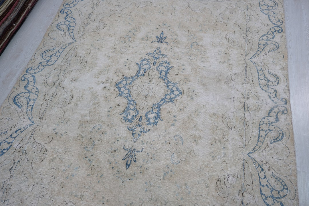 7x9 Blue Ivory Cream Vintage Area Rug - Oriental Persian Style Floral ...