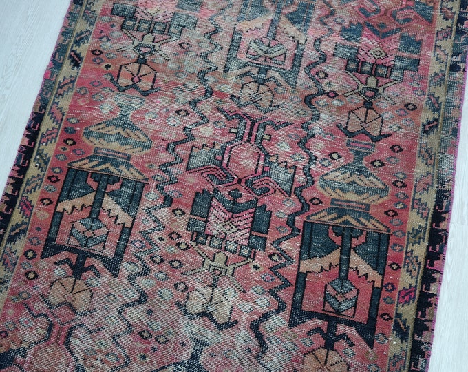 4x9 Faded Red Black Pink Vintage Oriental Rug Handmade Distressed ...