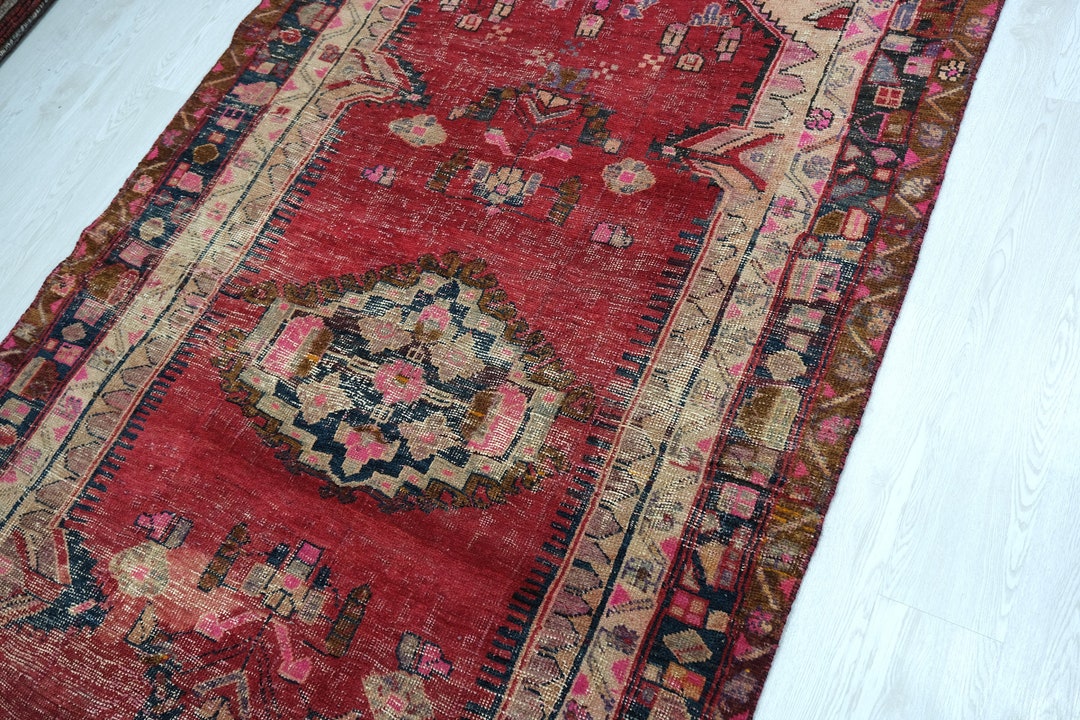 5x8 Red Brown Beige Vintage Area Rug Oriental Handmade Distressed Wool ...
