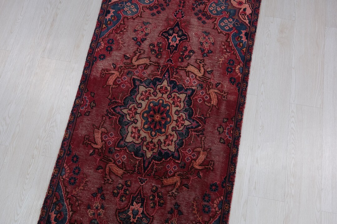 3x6 Red Blue Pictorial Vintage Oriental Rug Handwoven Tribal Accent Rug ...