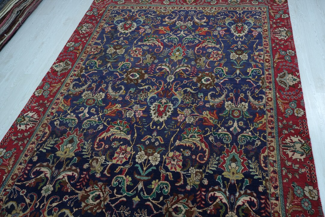 7x11 Navy Blue Red Vintage Oriental Area Rug - Large Floral Hand ...