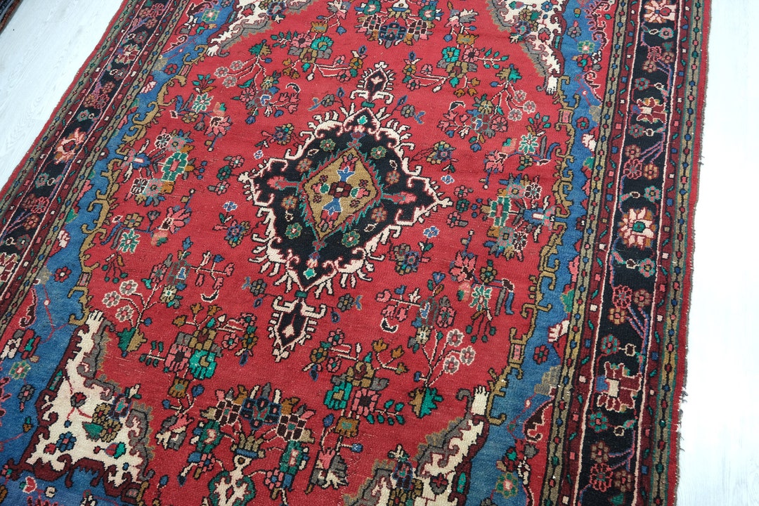 7x10 Red Blue Cream Vintage Area Rug Oriental Handwoven Persian Style ...