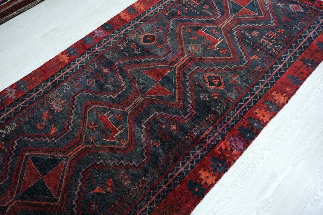 4x9 Brick Red Navy Blue Vintage Runner Rug Oriental Hand Knotted Wool ...