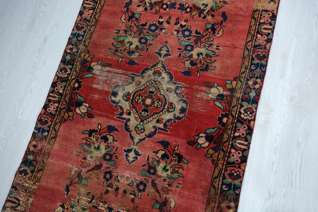 3x7 Rose Red Navy Blue Vintage Oriental Rug Handwoven Persian Style ...