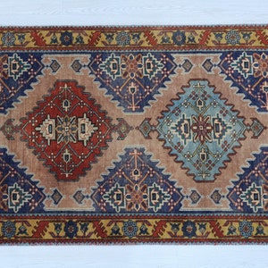 2x13 Blue Yellow Tan Calico Vintage Runner Rug - Hand Woven Wool Veg ...