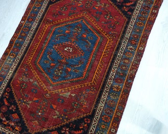 4x6 Rusty Red Navy Blue Vintage Oriental Rug - Handwoven Floral Area ...