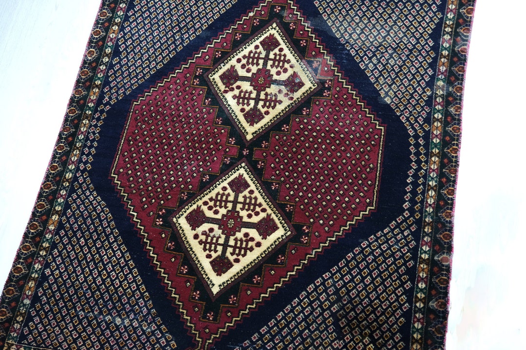 4x6 Navy Blue Burgundy Beige Vintage Oriental Rug - Handwoven Tribal ...