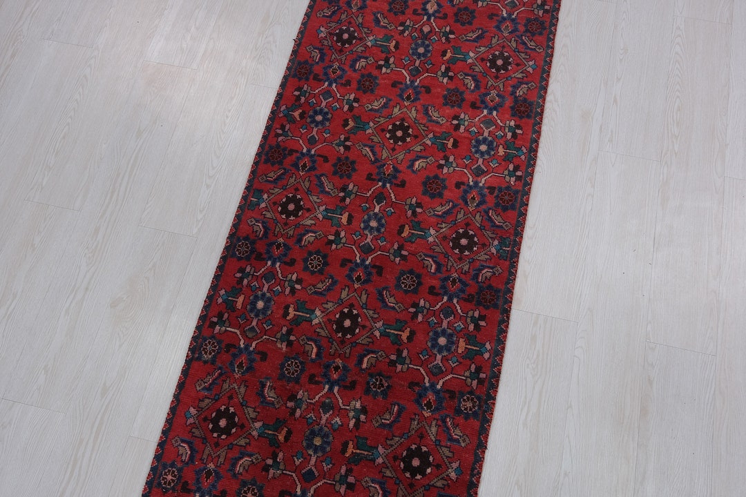 2x9 Ruby Red French Blue Vintage Oriental Rug Handwoven Floral Runner ...