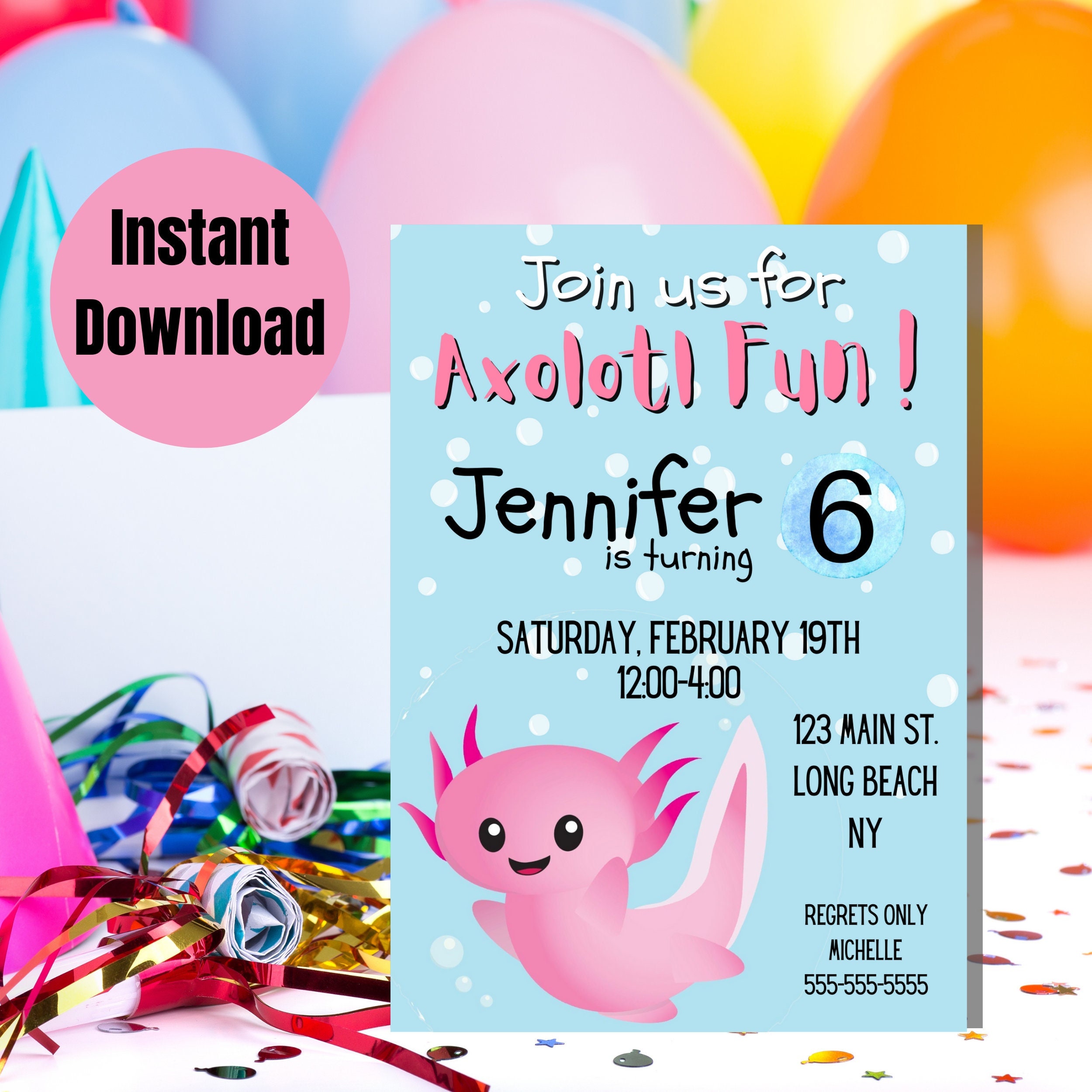 Axolotl Birthday Invitation/pink Axolotl/underwater/girl Party - Etsy
