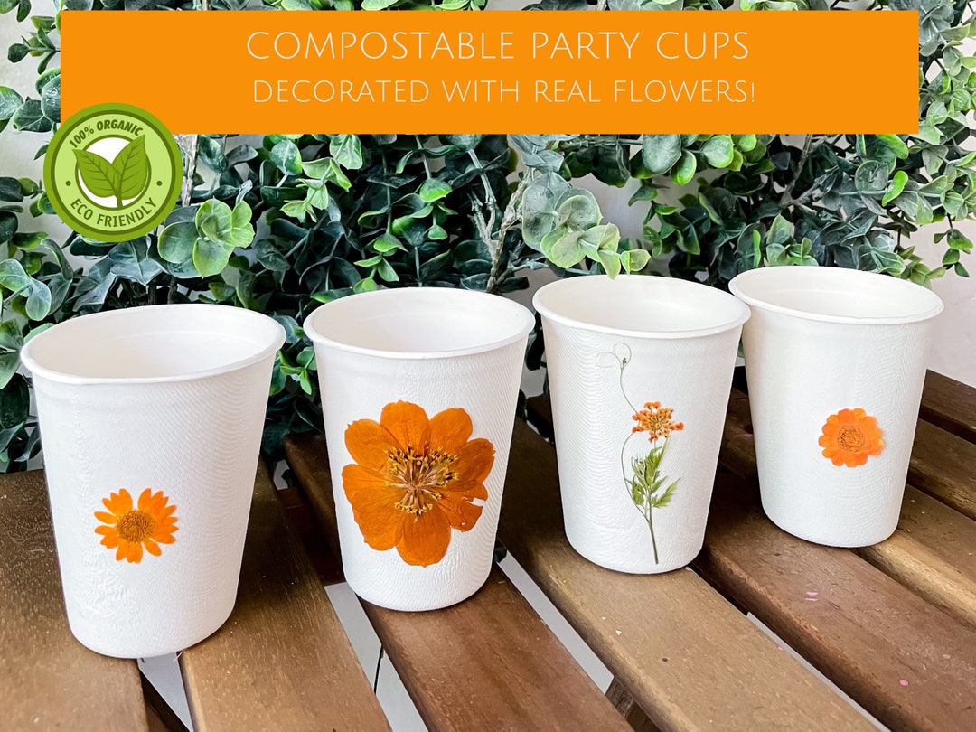 Compostable Orange Floral Party Cups, Disposable Cups, Flower Party ...