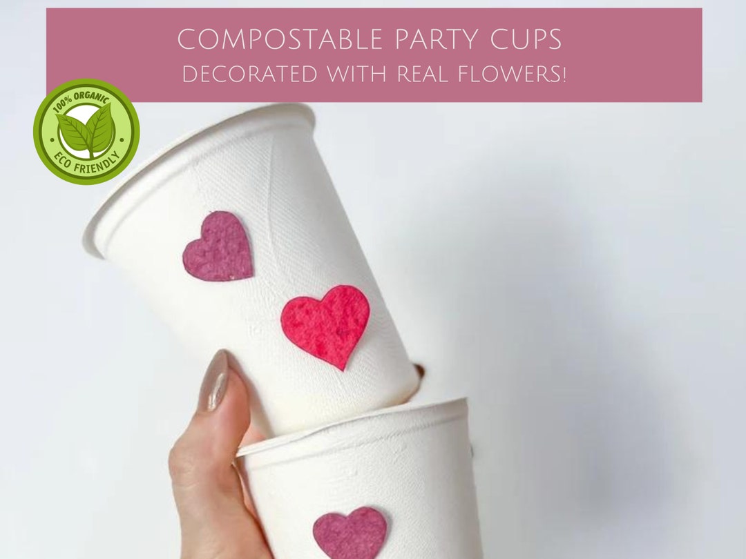 Compostable Pink Party Cups, Disposable Cups, Flower and Heart Party ...