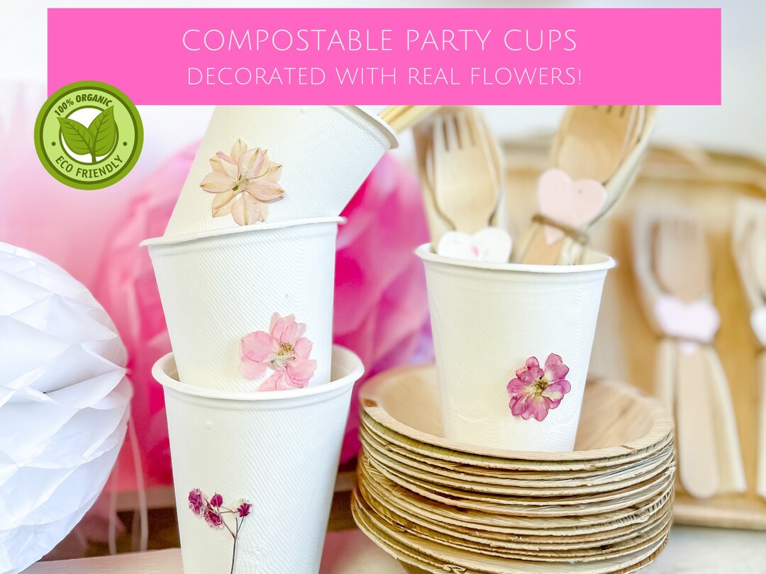 Pink Party Cups With Dried Flower Decor Compostable - Etsy