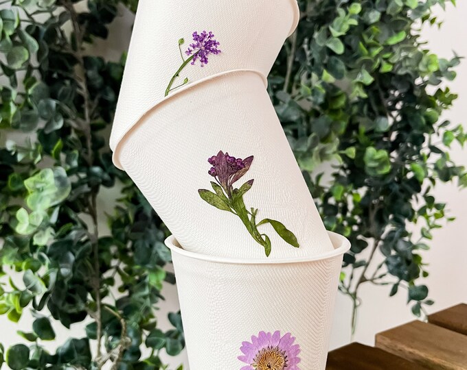 Purple Party Cups With Dried Flower Decor, Compostable, Biodegradable ...