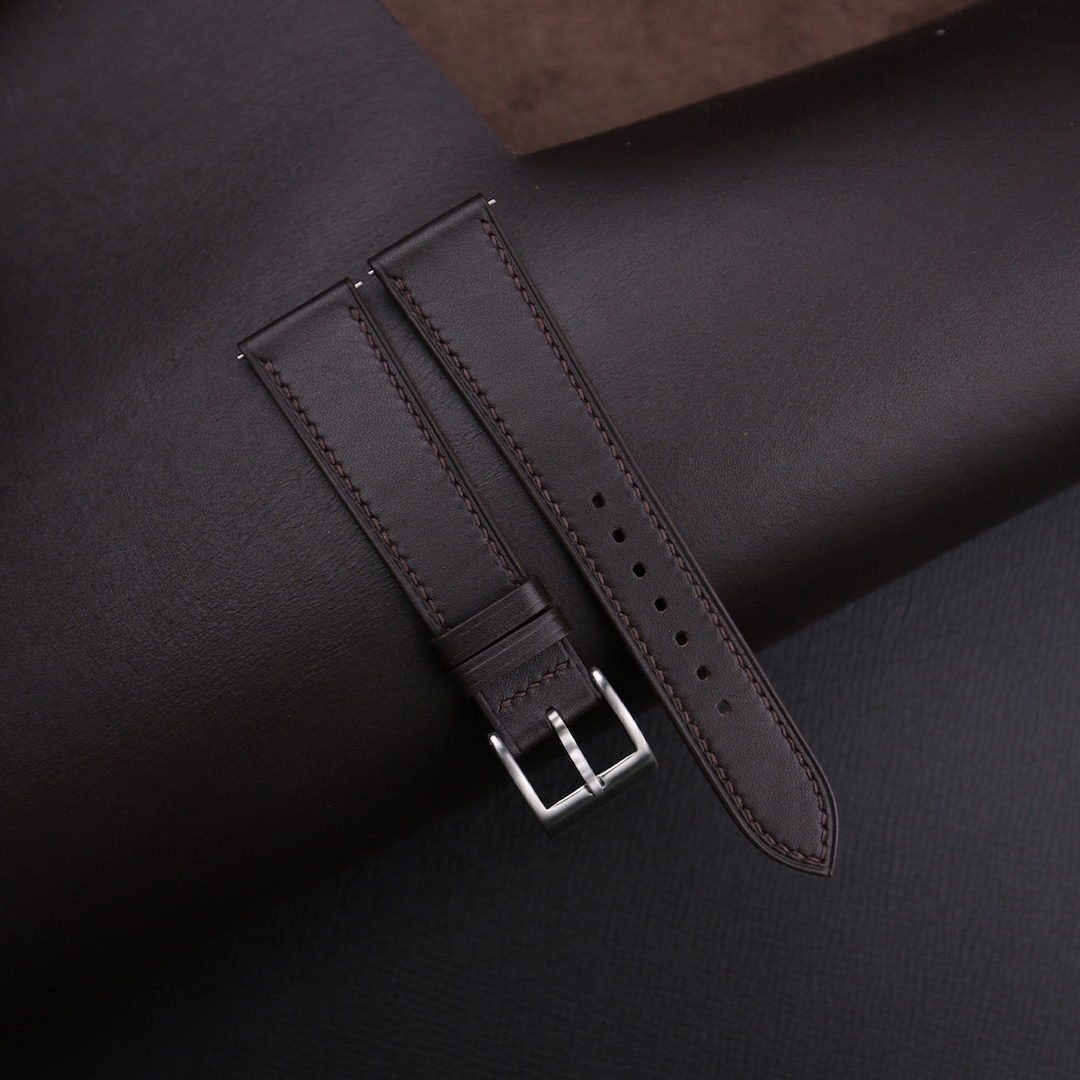 Handmade Box Calf Dark Brown Leather Watch Strap Slim Style, Dark Brown ...