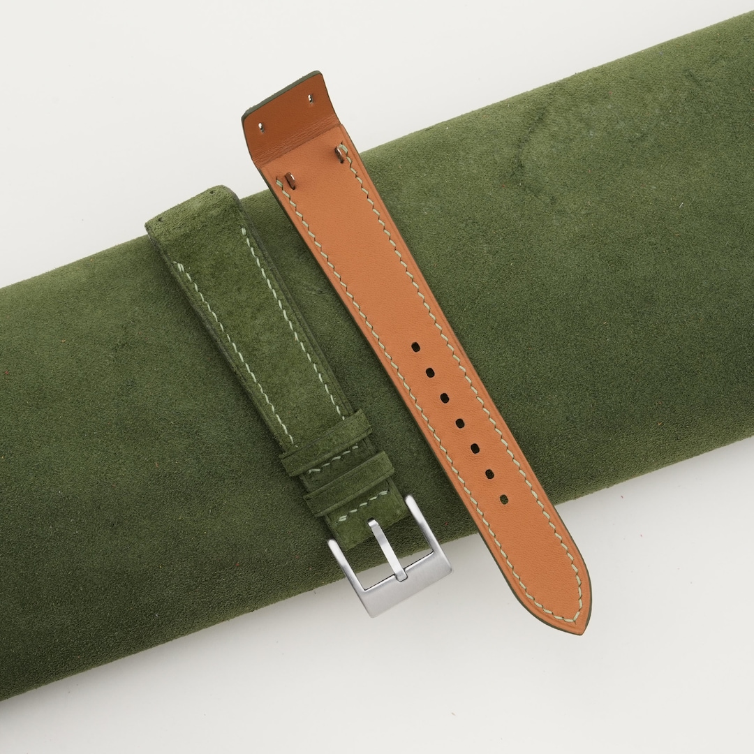 Fixed Bars Green Suede Leather Watch Strap, Open Ends Handmade Strap ...
