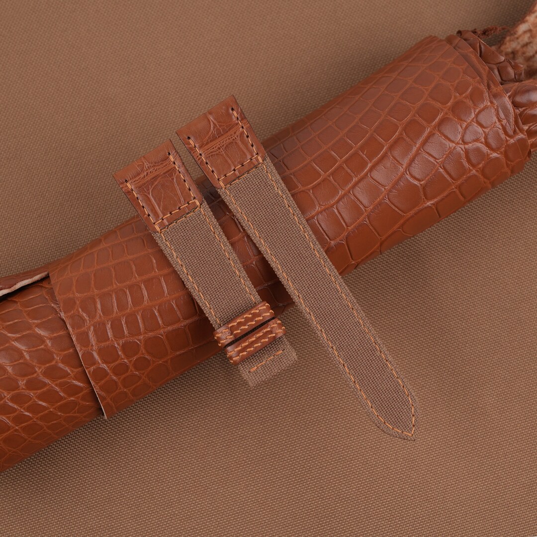 Handmade Folded Edges Brown Sailcloth Mix Alligator Watch Strap ...