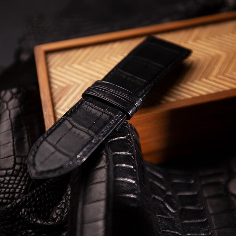 Curved End Black Alligator Folded Edge Lining Alligator Leather Watch ...