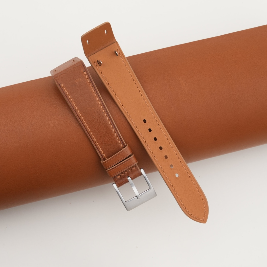 Fixed Bars Golden Brown Barenia Leather Watch Strap, Open Ends Handmade ...
