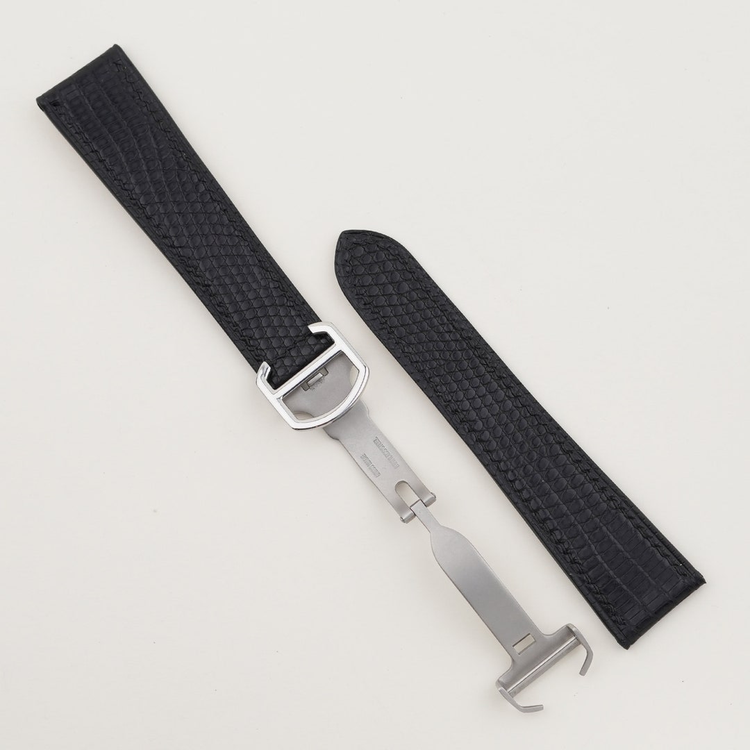 Single Folding Black Lizard Leather Watch Strap for Deployant Clasp ...