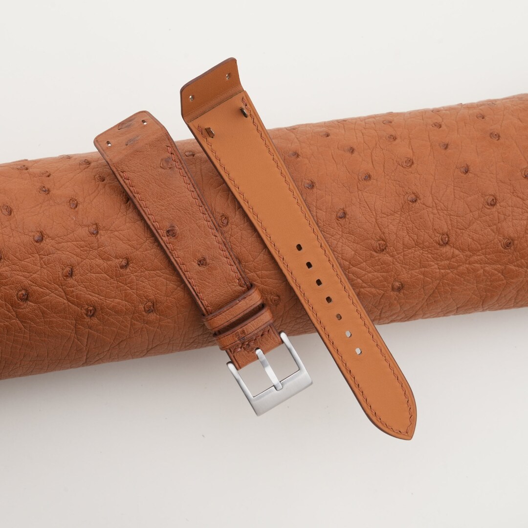 Fixed Bars Brown Ostrich Leather Watch Strap, Open Ends Handmade Strap ...