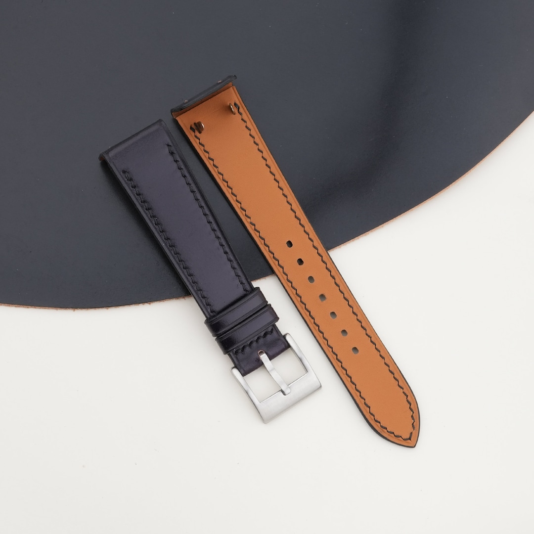 Fixed Bars Black Shell Cordovan Leather Watch Strap, Open Ends Handmade ...
