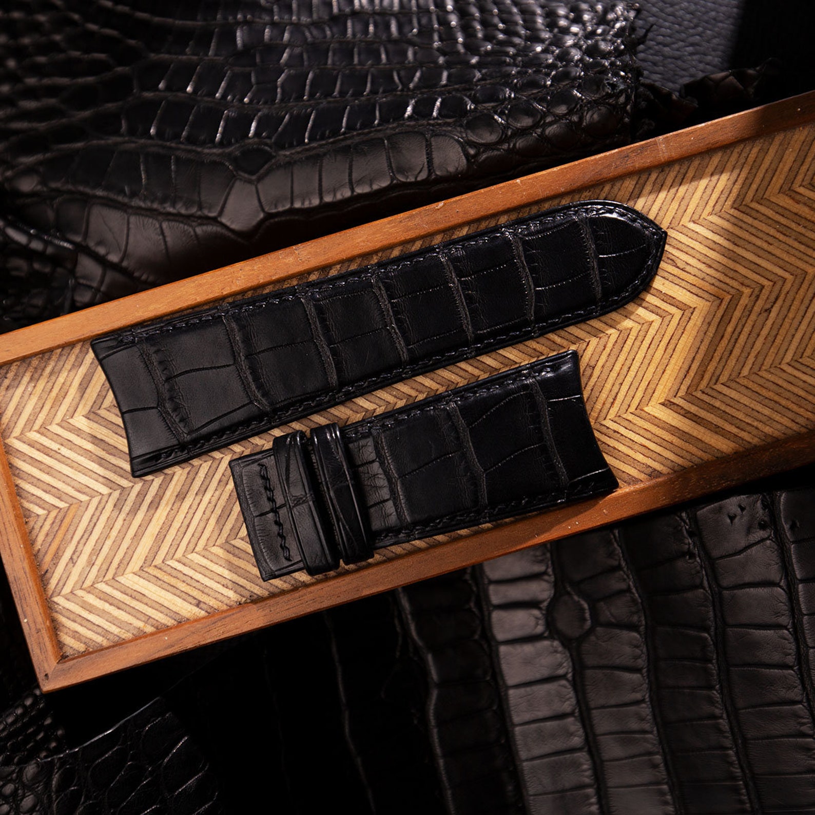 Curved End Black Alligator Folded Edge Lining Alligator Leather Watch ...