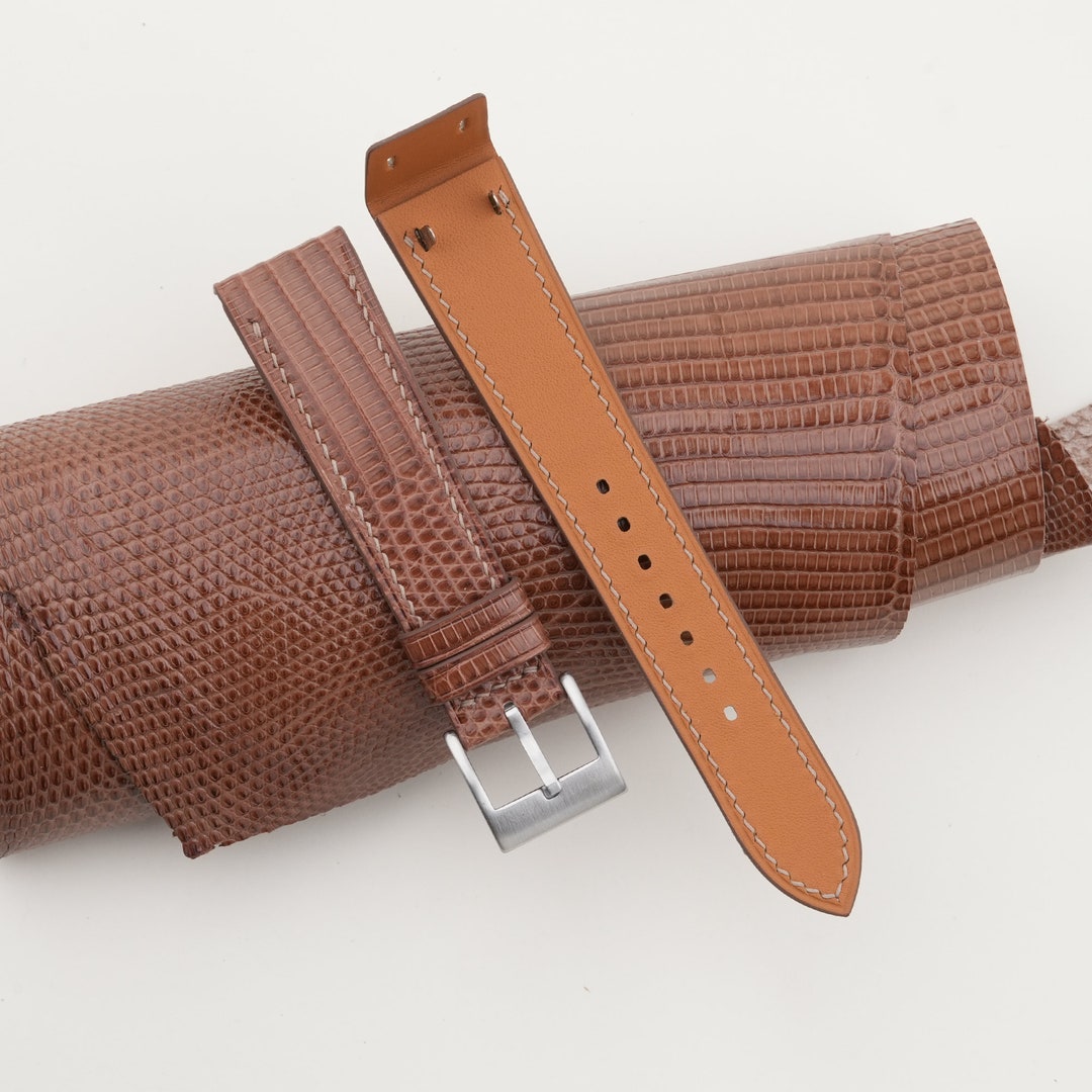 Fixed Bars Brown Lizard Leather Watch Strap, Open Ends Handmade Strap ...