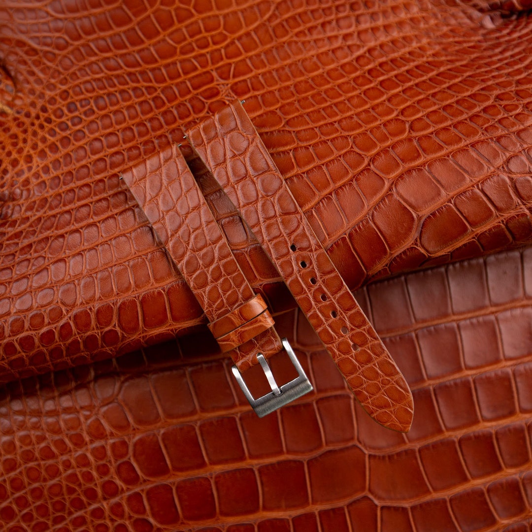 Handmade Cognac Alligator Round Scales Watch Band Slim Style ,vintage ...